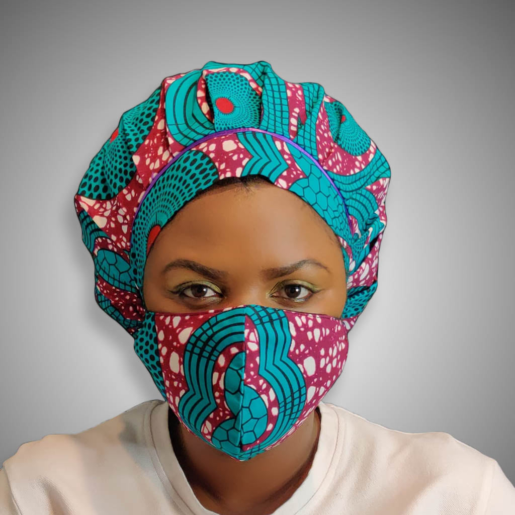 Kente Bonnet & Face Mask (Aqua Blue & Red) – Duma Mbili LLC